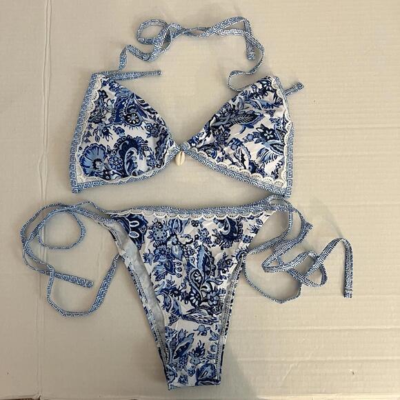 Swim | Womens String Bikini Size Medium Blue White Paisley | Poshmark